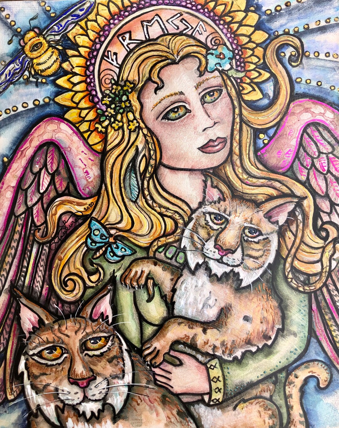 Original FREYA With Cats Lynx Viking Art Runes Painting by Lisa Luree ...