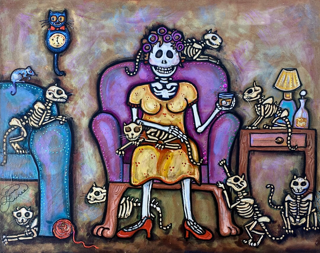 CAT LADY Skeleton With Cats Art Print by Lisa Luree- Bonediva - Etsy
