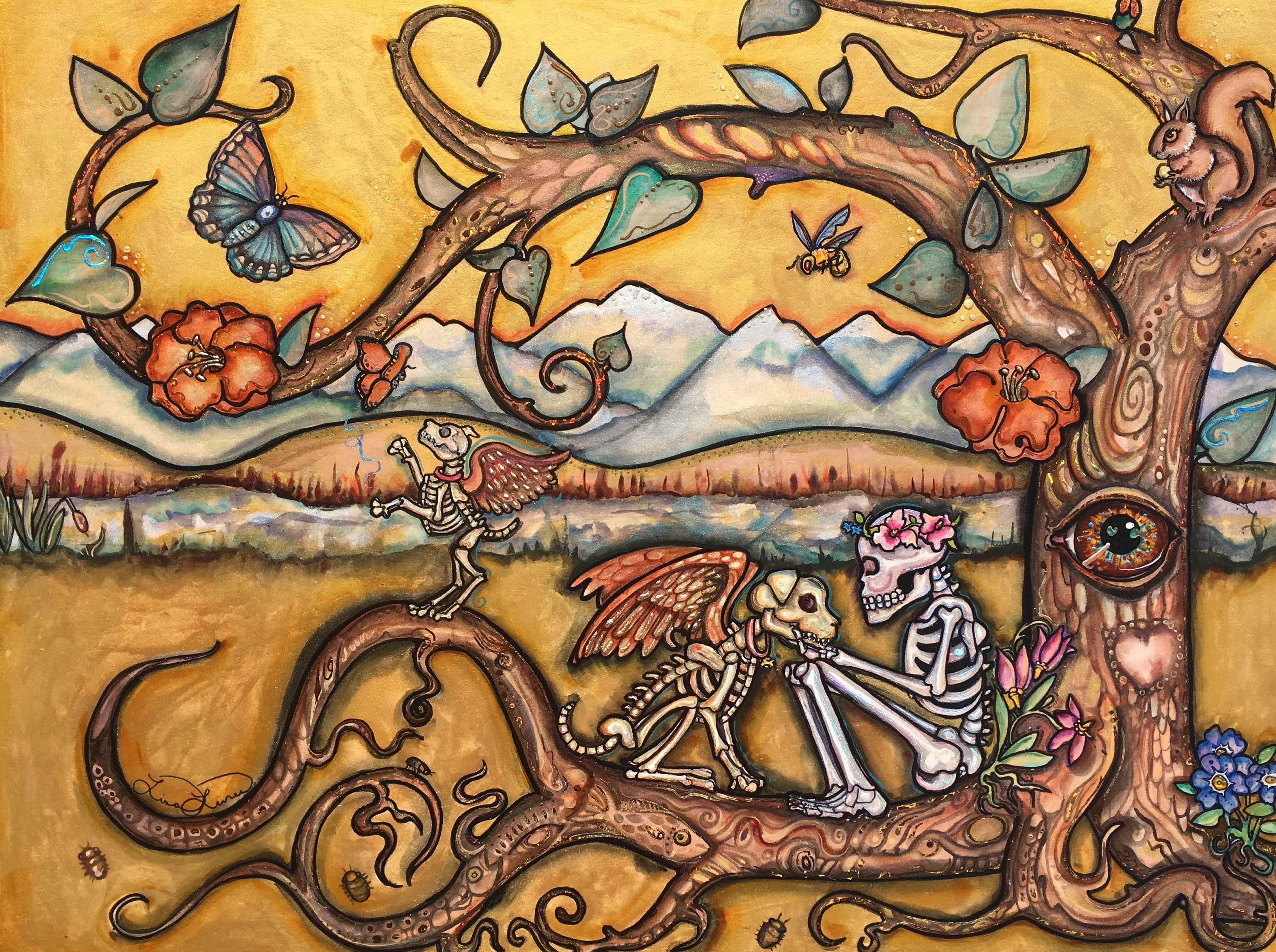 Dia De Los Muertos Golden Skeleton and 2 Angel Dogs Print by Lisa Luree ...