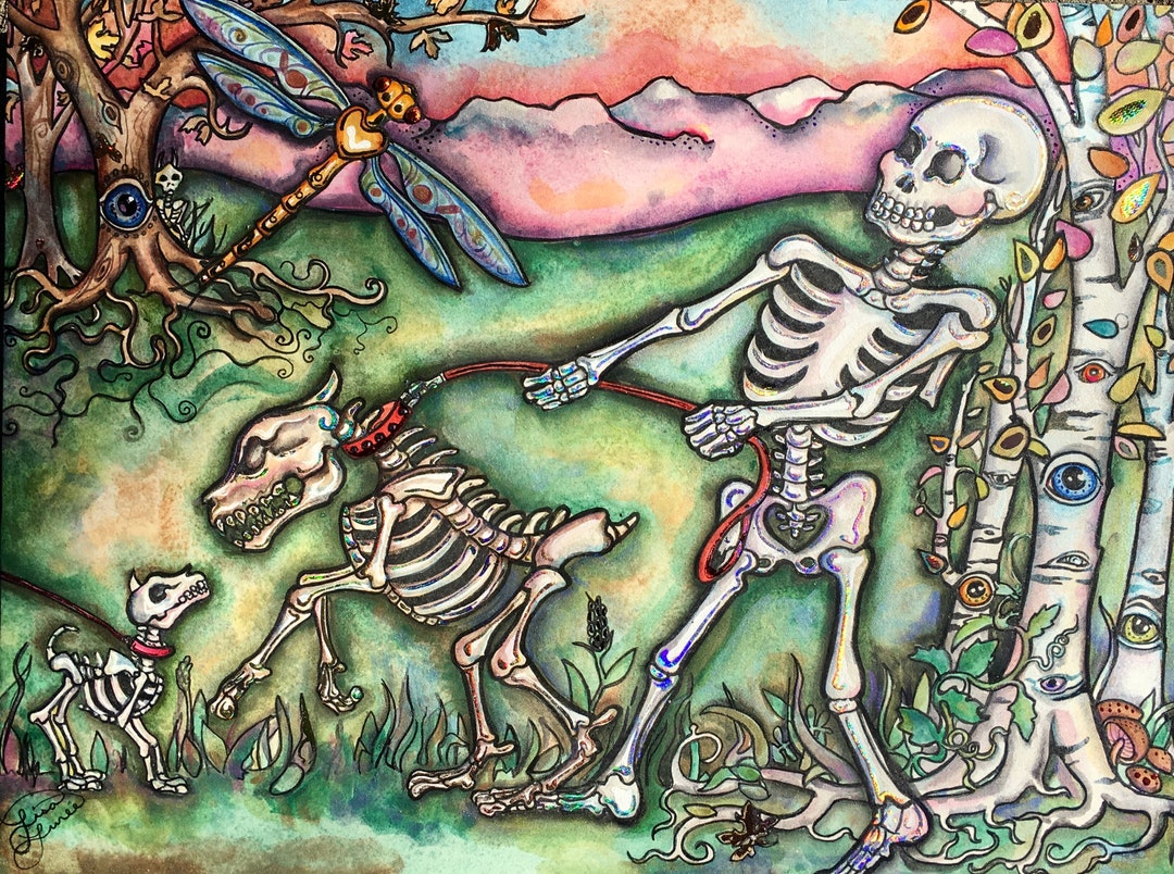 Big & Little DOG MEET Day of the Dead Skeleton Dogs HAPPY Art Print by ...