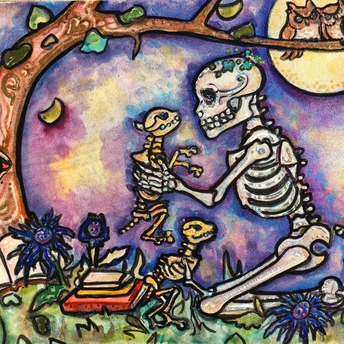 3 DOG Skeletons With Owner Under the Moon Metallic Print by | Etsy