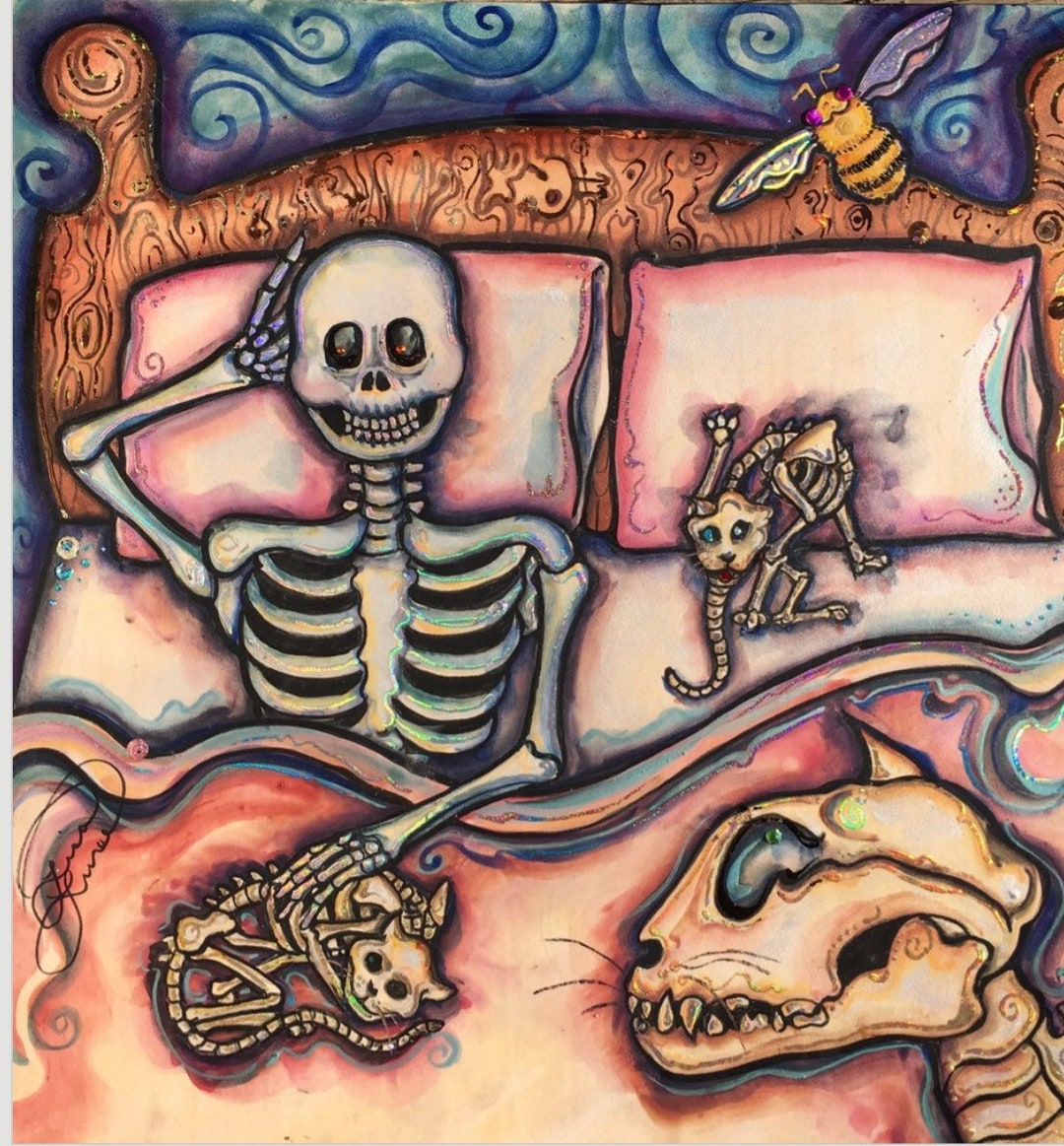 Dia De Los Muertos Day of the Dead Dog Skeleton in Bed Print by Lisa ...