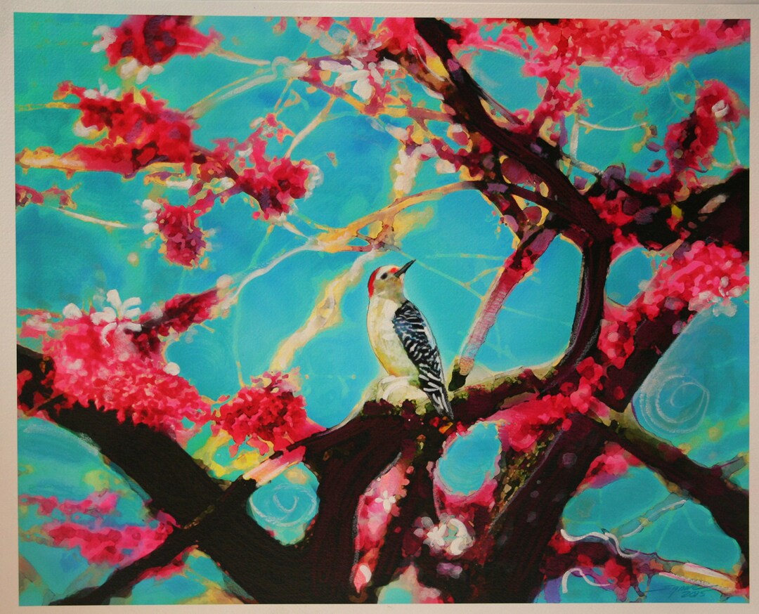 Redbud Tree Art: Woodpecker Spring Garden Painting, 16x20 - Etsy