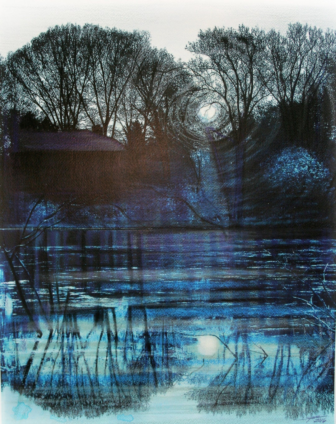 Moon Rising Art Print: Night Landscape, Water Reflections, House in ...