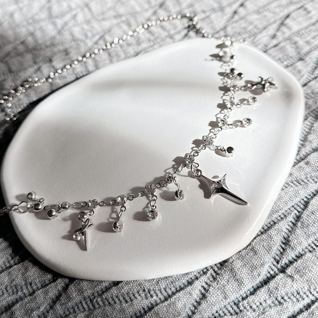 Y2K Style Melted Metal Stars and Gems Necklace, Stainless Steel ...