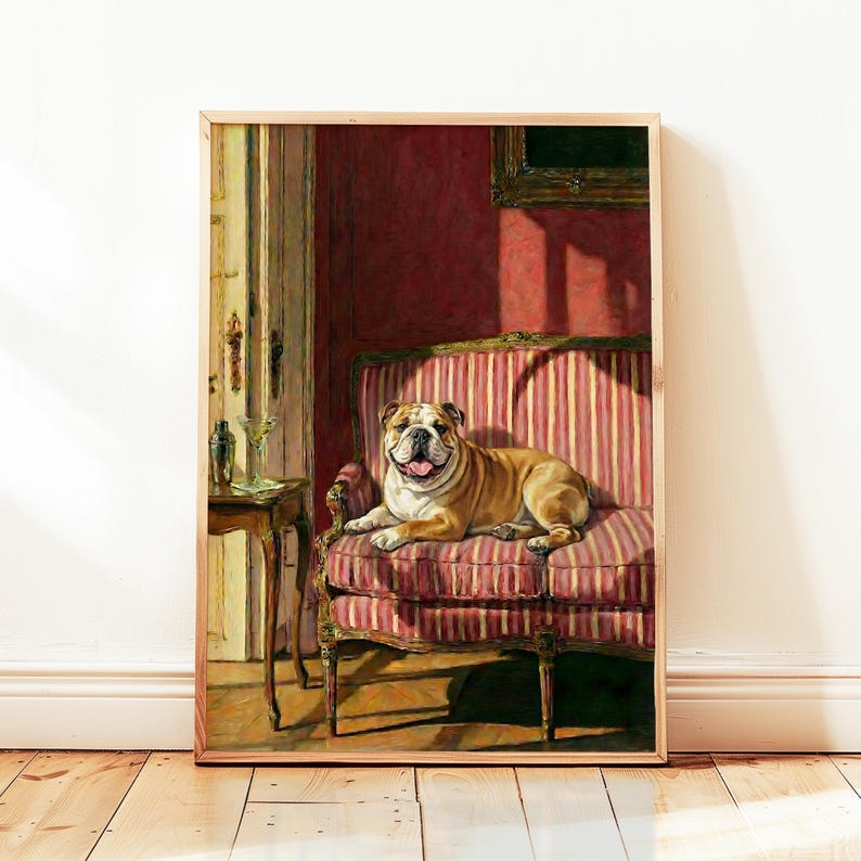 English Bulldog Martini Bar Cart Art Print: Vintage Dog Cocktail Bar ...