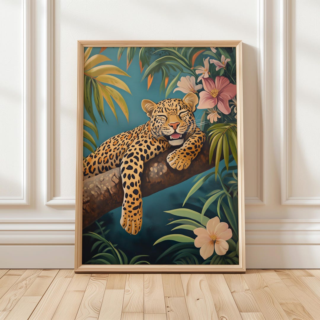 Relaxed Leopard Art Print — Tropical Big Cat Illustration, Vibrant Wall ...