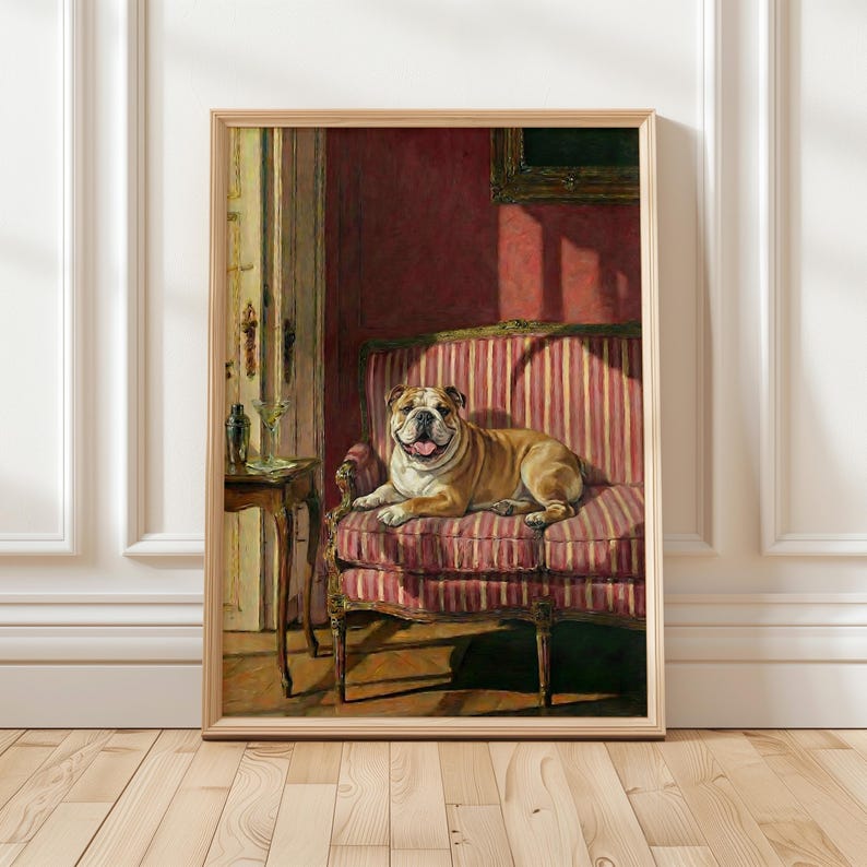 English Bulldog Martini Bar Cart Art Print: Vintage Dog Cocktail Bar ...