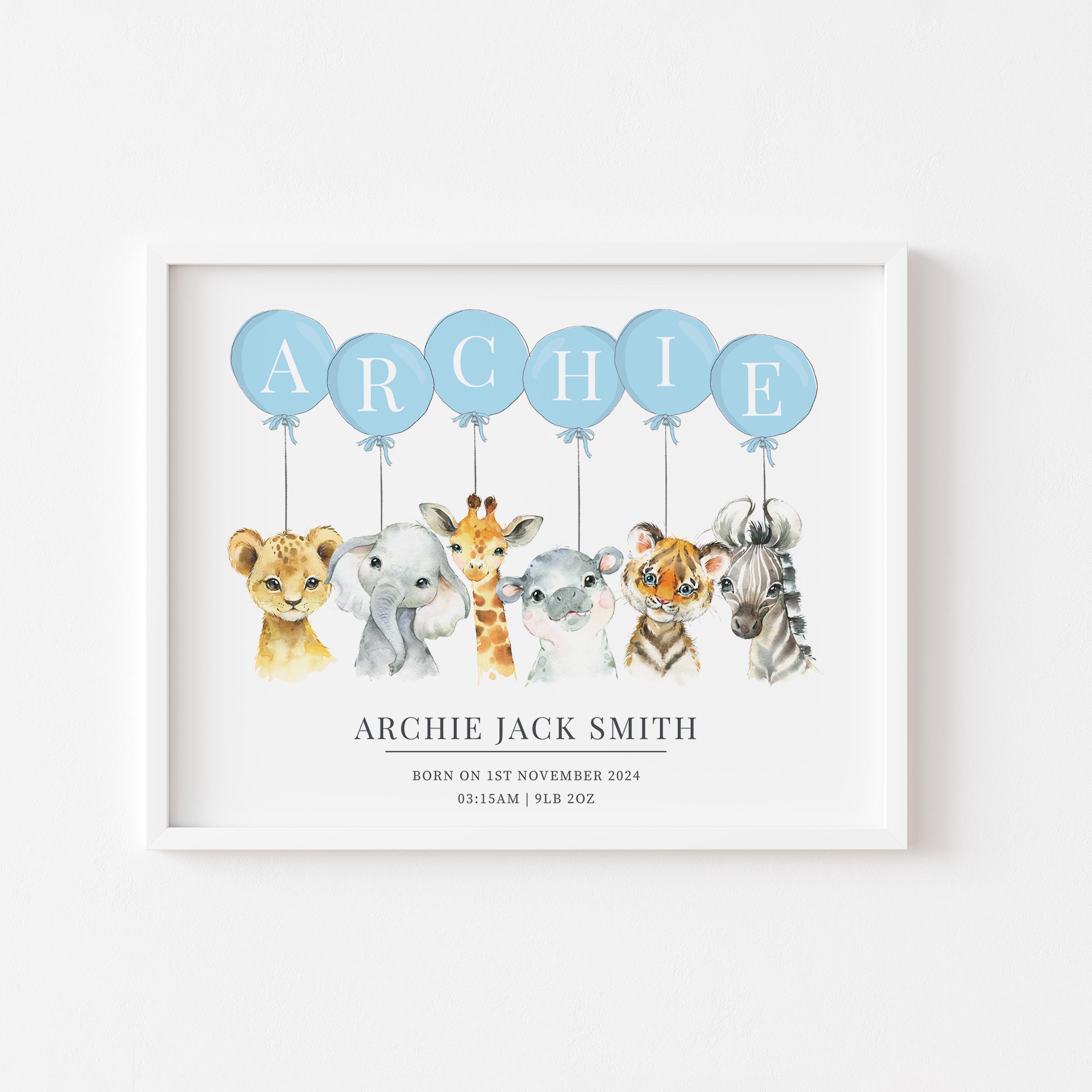 Personalised Baby Name Print, Christening Baby Name Gift, Safari Name ...