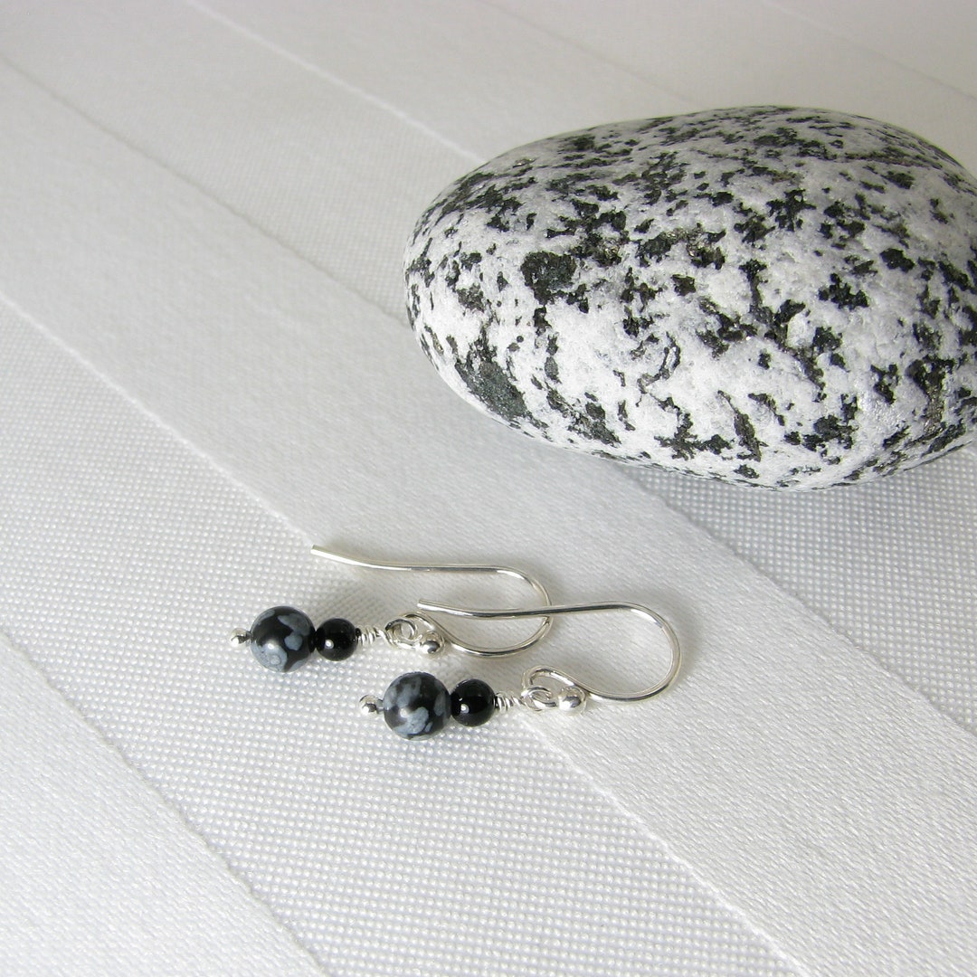 Tiny Snowflake Obsidian, Black Onyx, and Sterling Silver Earrings - Etsy