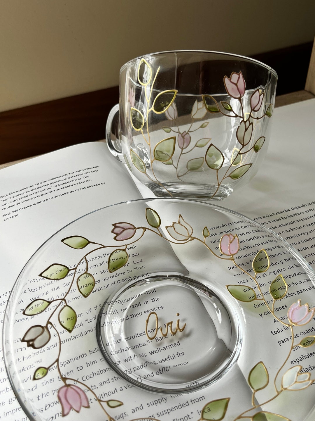 Tulip Glass Mug With Handmade Plate, Hand Painted Mug With Stained ...