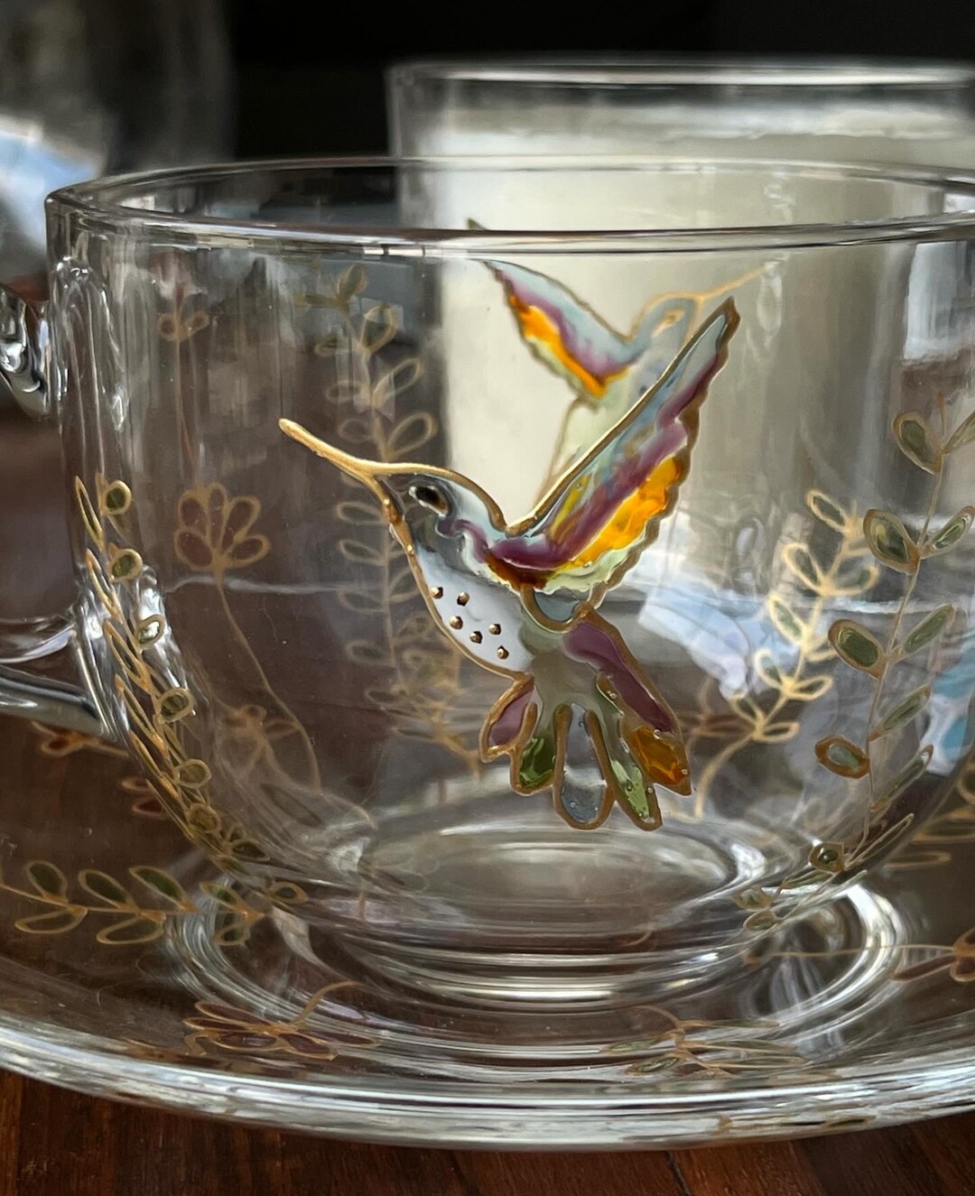 Hummingbird Cup / Mug With Glass Plate Hand Painted With Stained Glass ...