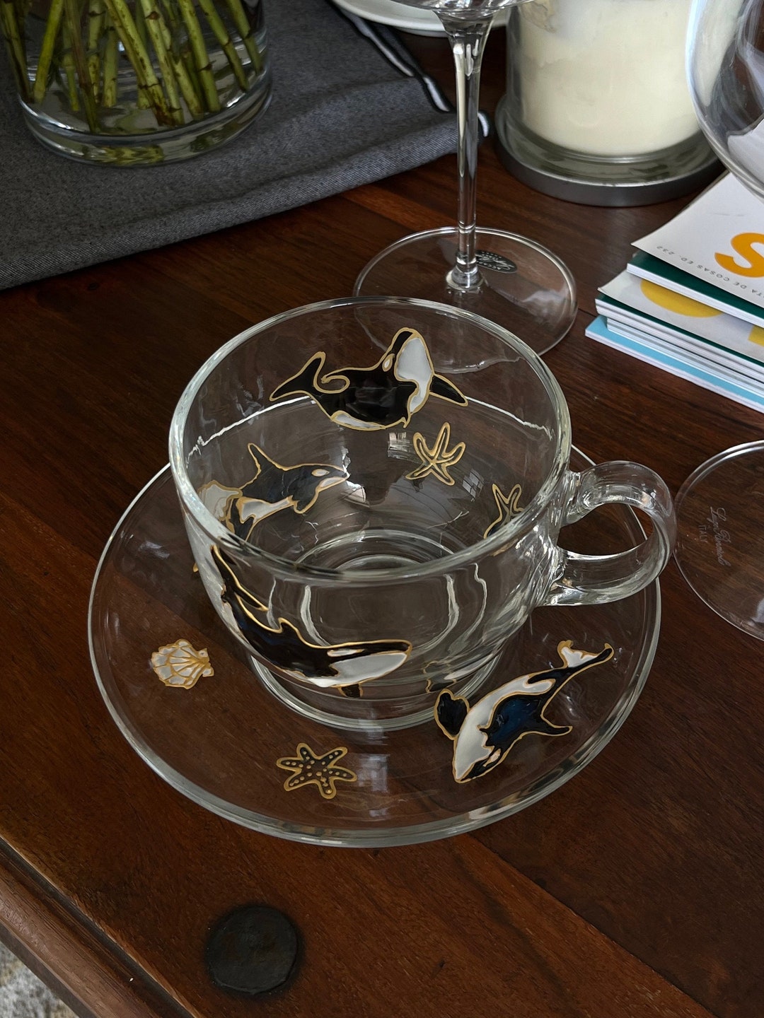 Cup / Mug With Handmade Glass Whale Saucer, Hand Painted Mug With ...