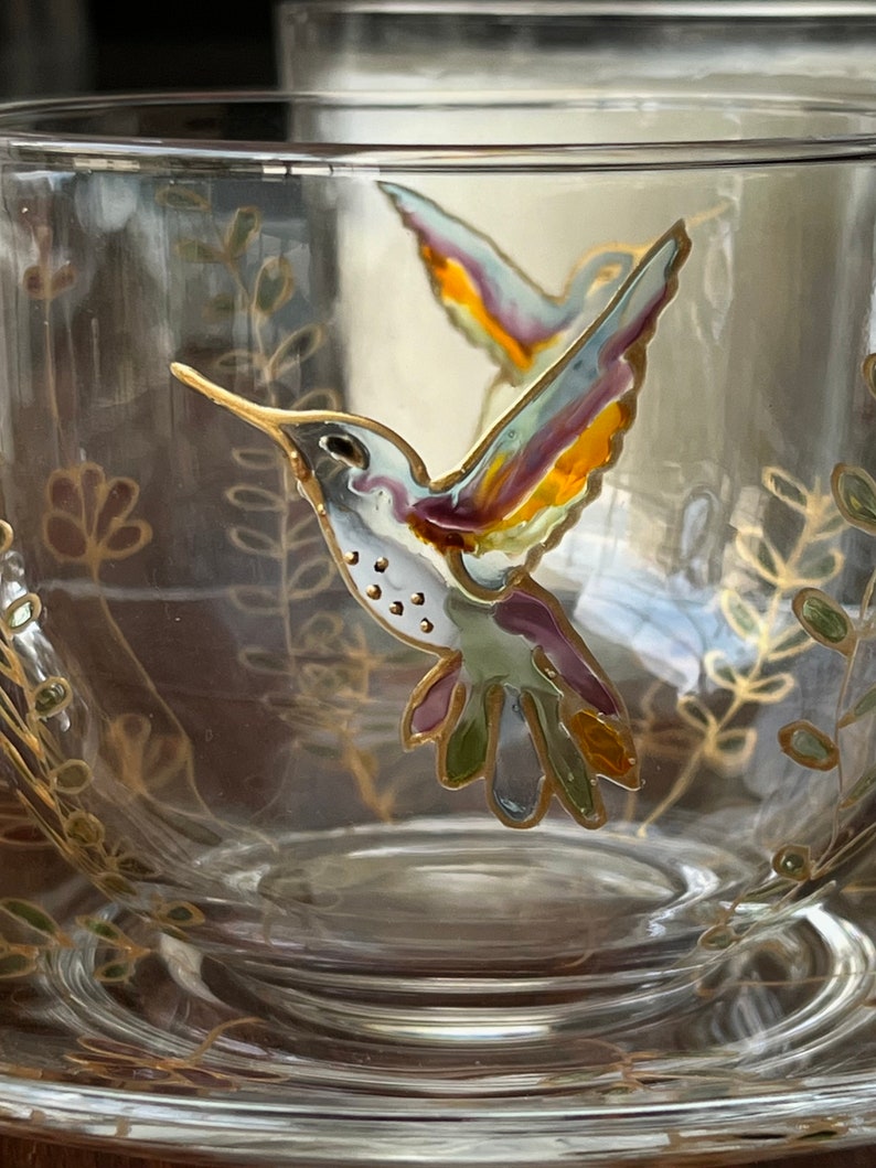 Hummingbird Cup / Mug With Glass Plate Hand Painted With Stained Glass ...