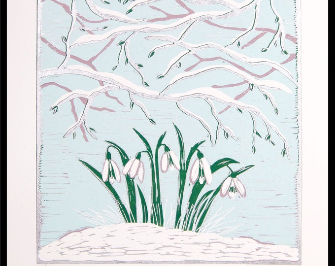 Linocut, Snowdrops, Signs of Spring, Silver Branches, Snow, Handprinted ...