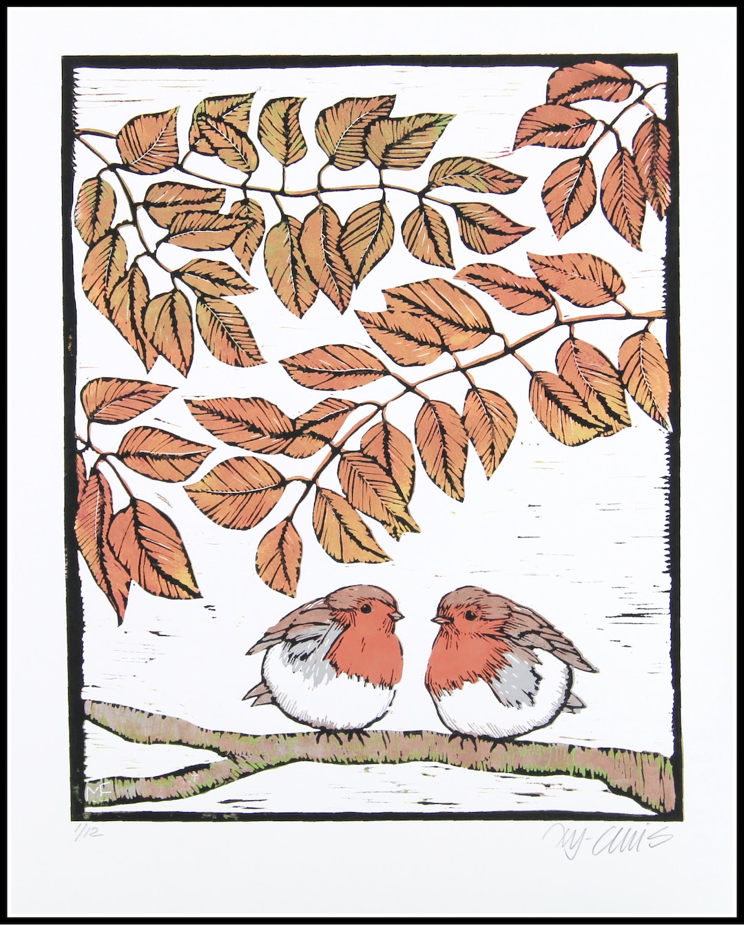 Linocut, Robins, Small Birds on Autumn Branch, Handprinted, Signed ...