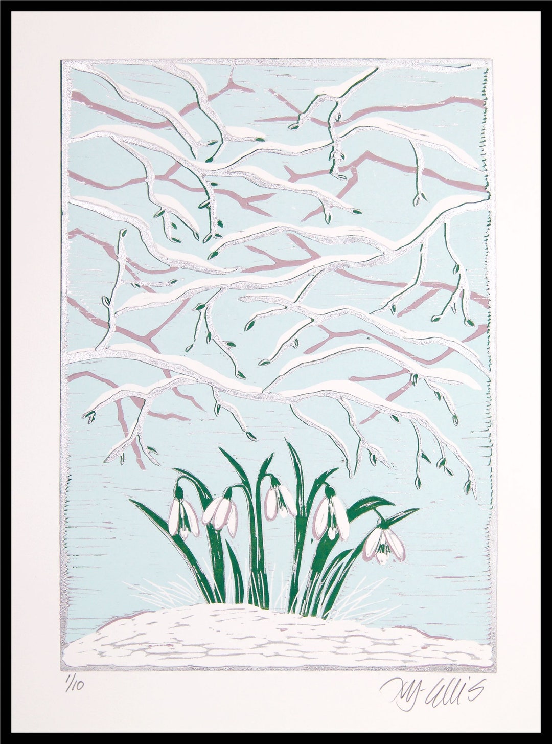 Linocut, Snowdrops, Signs of Spring, Silver Branches, Snow, Handprinted ...