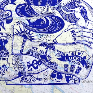 Linocut, Sailor, Tattoos, Handprinted on Vintage Sea Chart, Signed ...