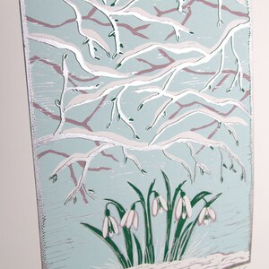 Linocut, Snowdrops, Signs of Spring, Silver Branches, Snow, Handprinted ...