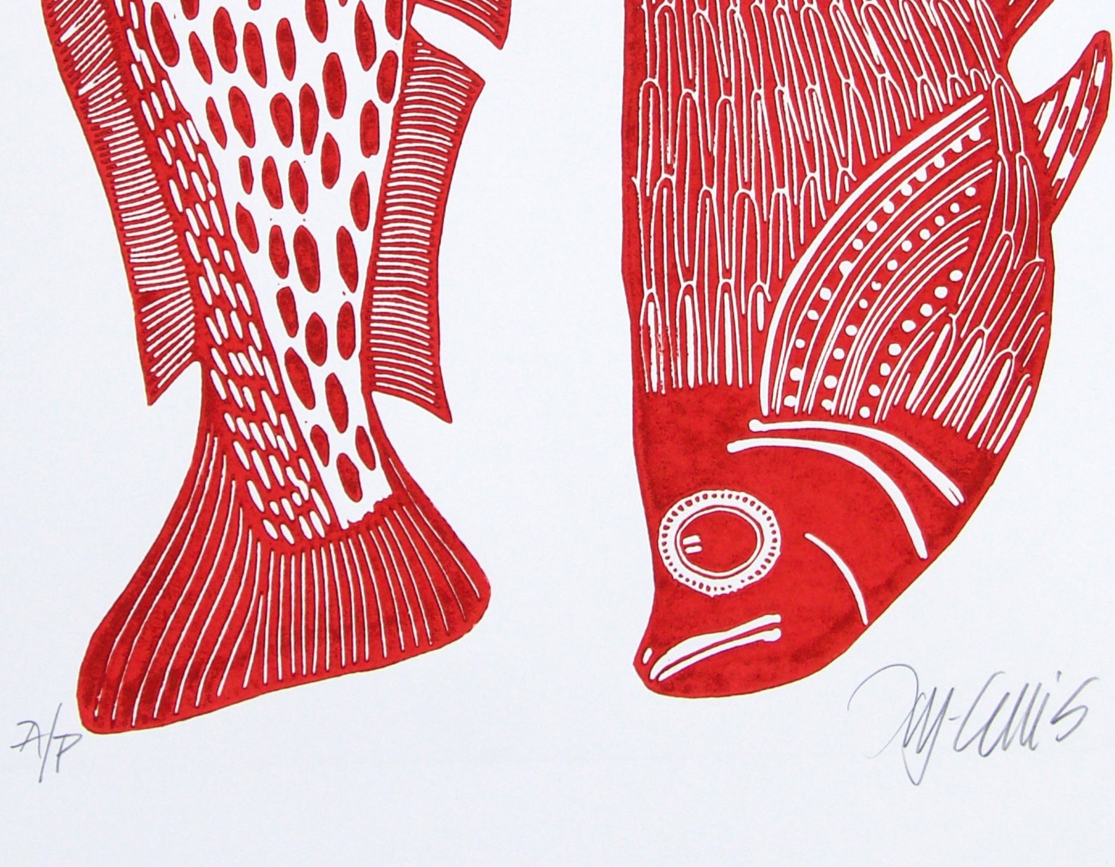 Linocut Red Fish Heads and Tails Handprinted Signed - Etsy