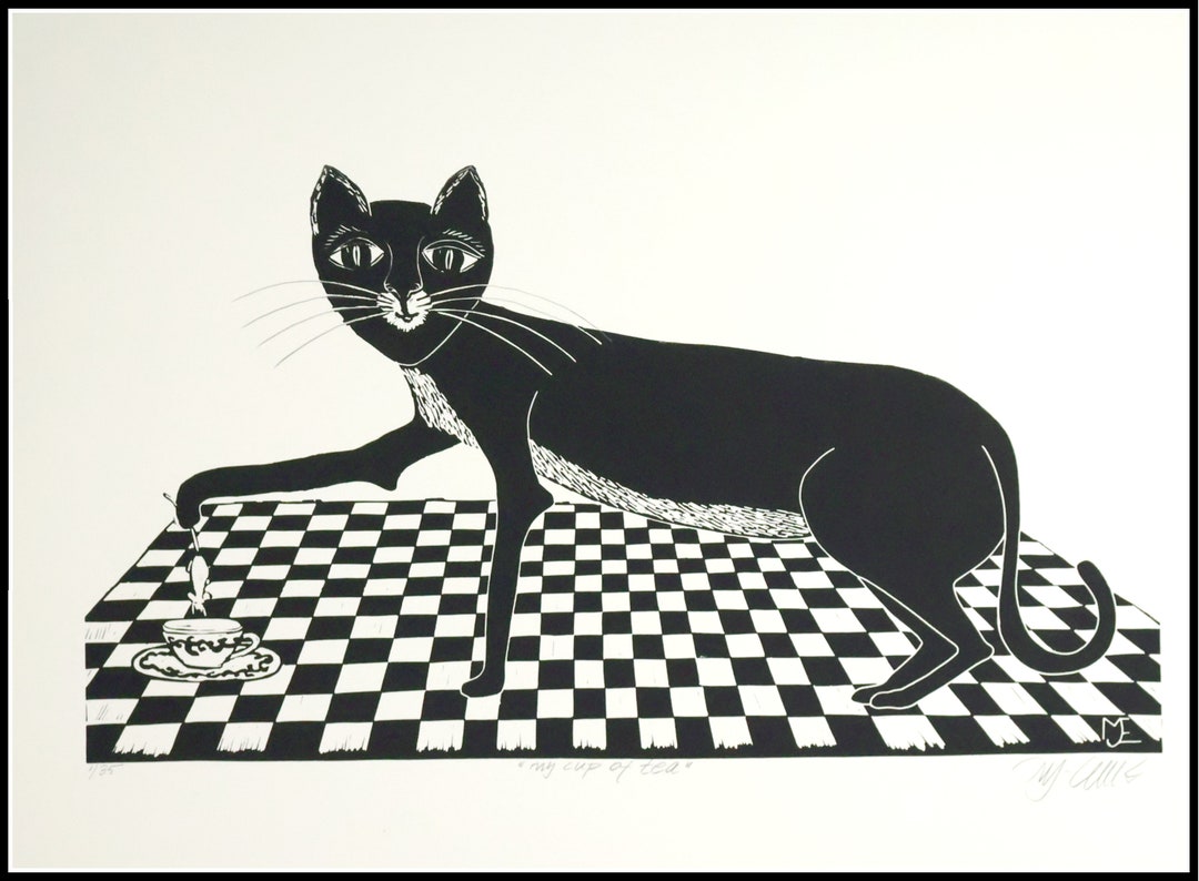Linocut, My Cup of Tea, Black Cat, Handprinted and Signed, Mariann ...