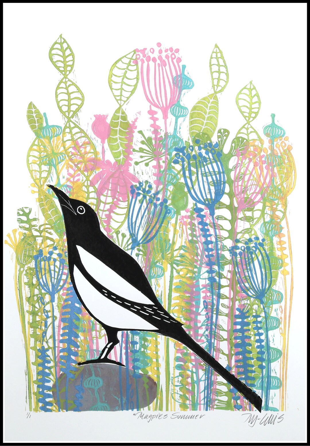 Linocut Magpies Summer Flowers Handprinted Signed Mariann - Etsy
