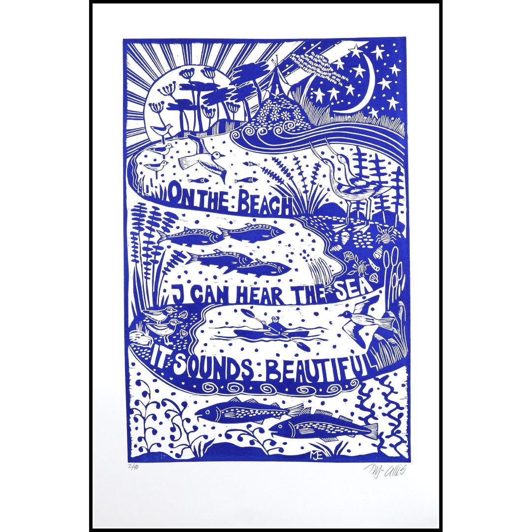 Blue & White Beach Linocut Print: Hand Printed Wall Art by Mariann ...