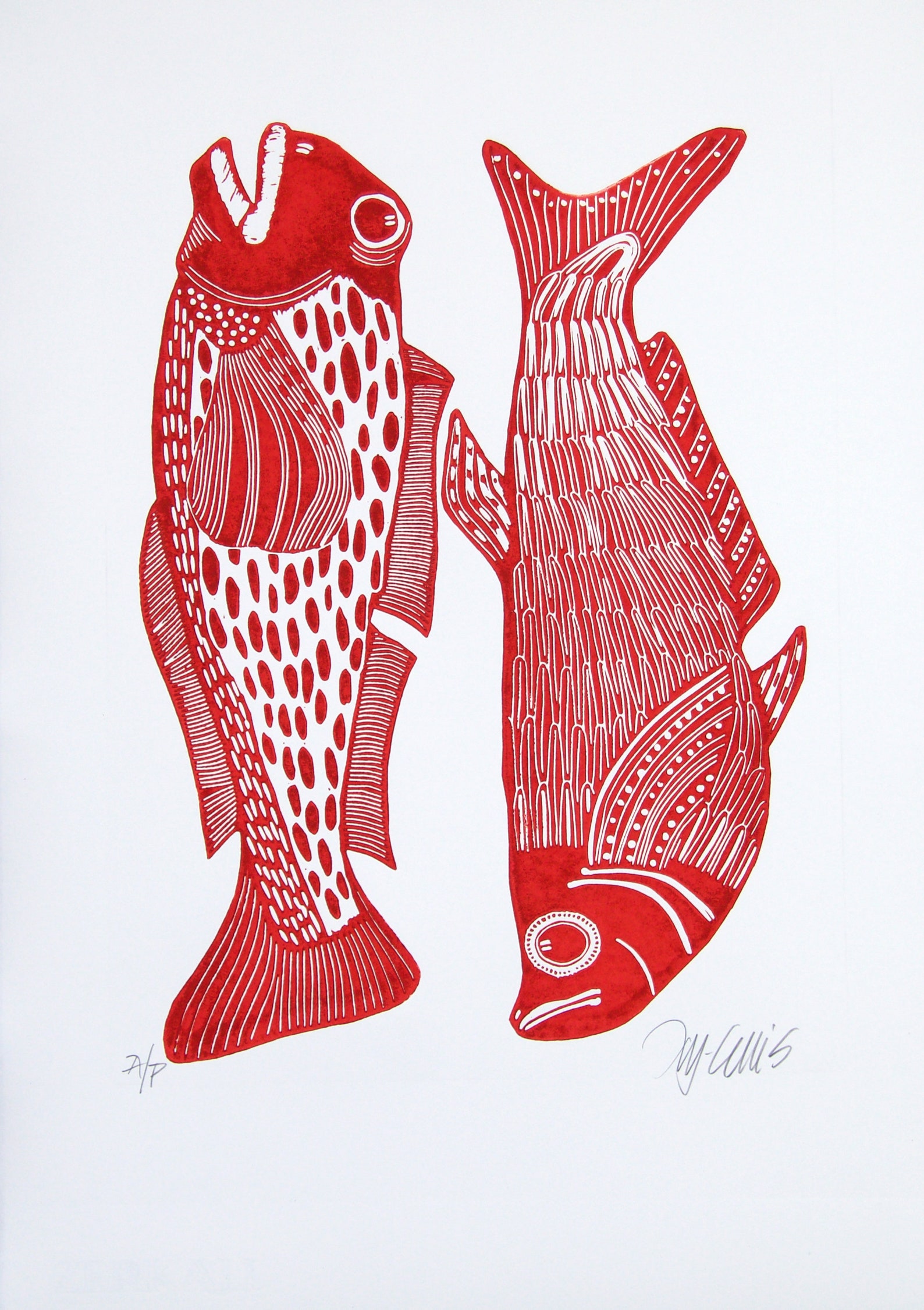 Linocut Red Fish Heads and Tails Handprinted Signed - Etsy