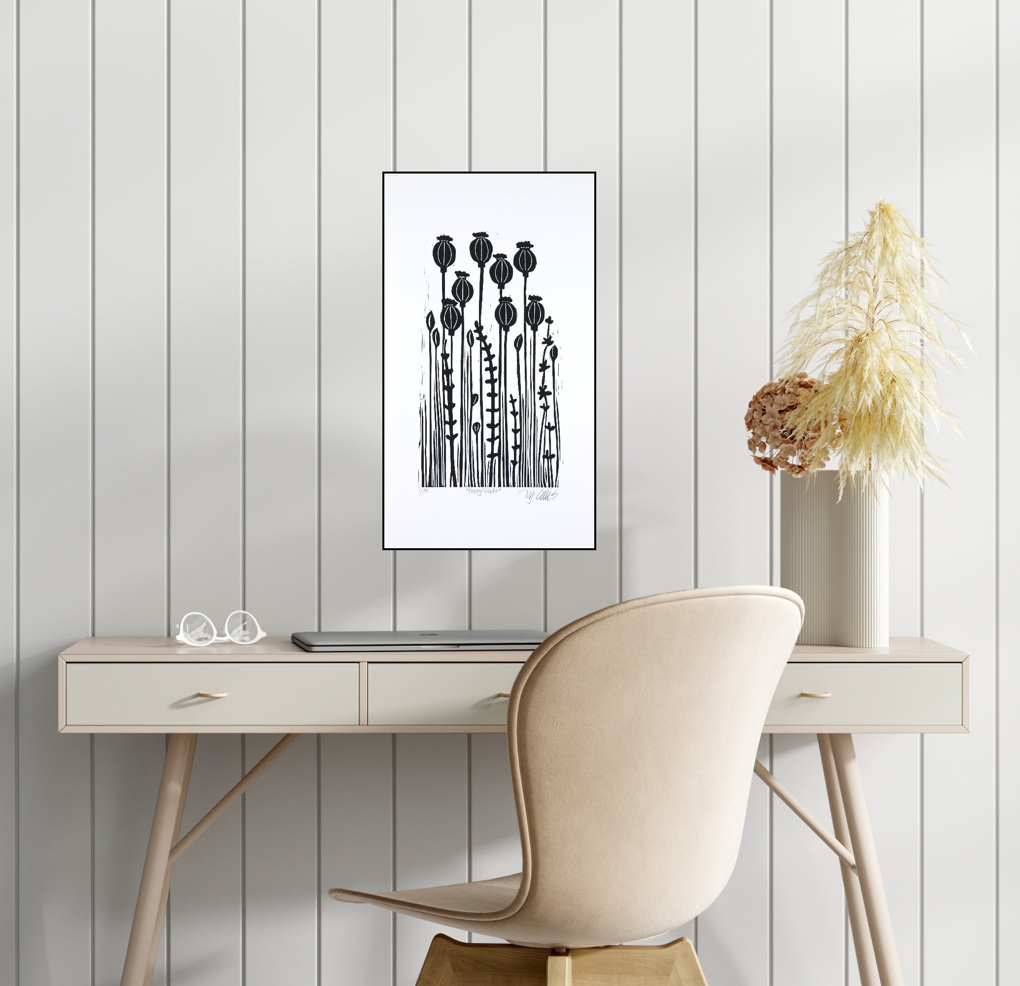 Linocut, Poppy Pods, Handprinted, Signed, Mariann Johansen-ellis, Black ...