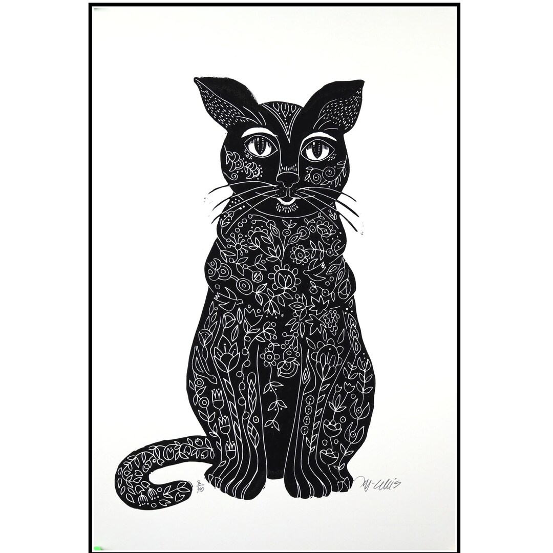 Linocut, Black Cat for Good Luck, Handprinted, Signed, Mariann Johansen ...