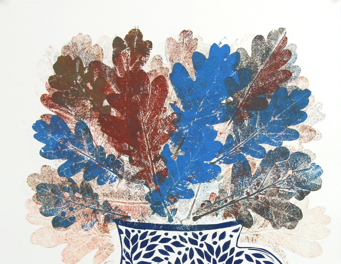 Monoprint With Linocut Blue Jug With Leaves Oak Leaves One - Etsy