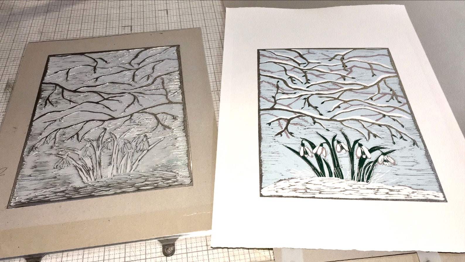Linocut Snowdrops Signs of Spring Silver Branches Snow - Etsy