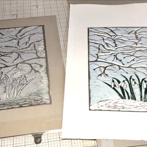 Linocut, Snowdrops, Signs of Spring, Silver Branches, Snow, Handprinted ...