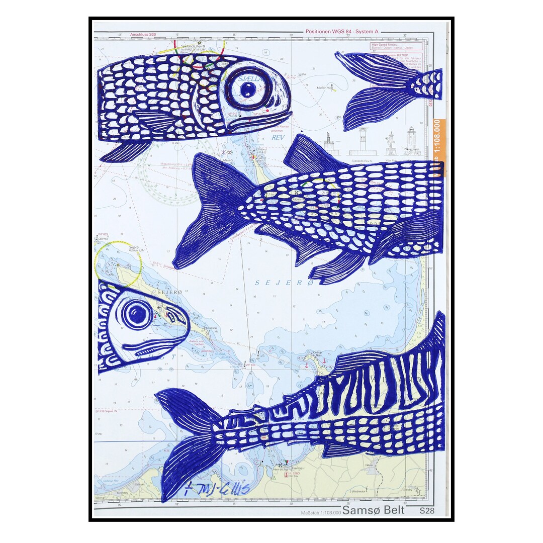 Linocut, With the Tide, Fish, Vintage Map, Handprinted, Signed, Mariann ...