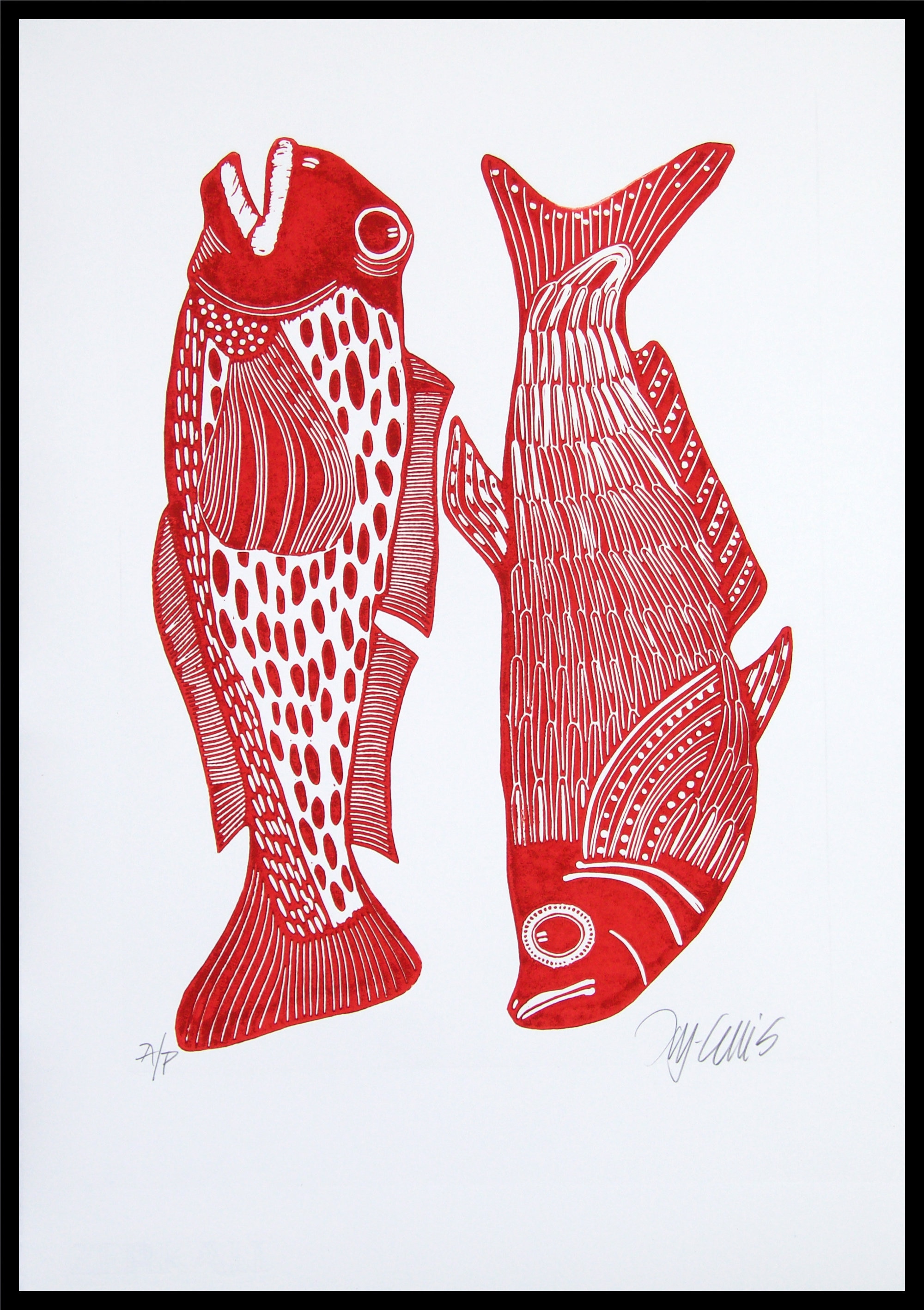 Linocut pescado rojo cabezas y colas impreso a mano - Etsy España