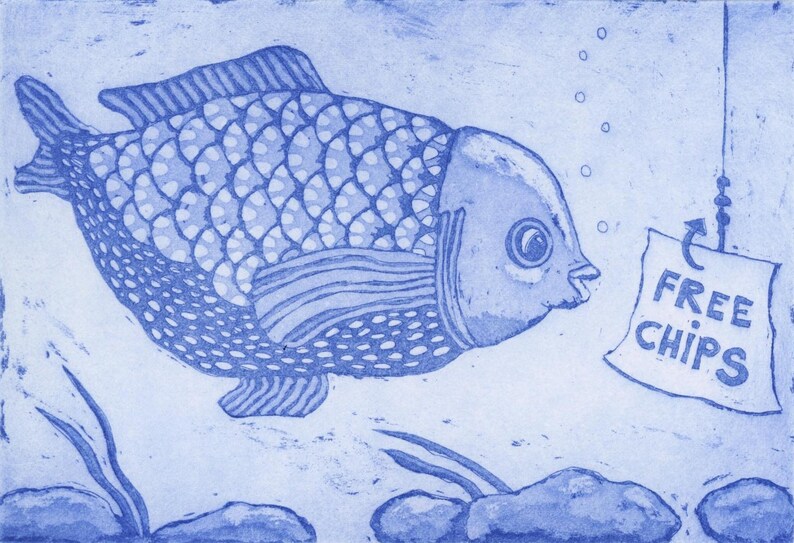 Etching Fish Print Free Chips Handprinted on Paper Signed | Etsy