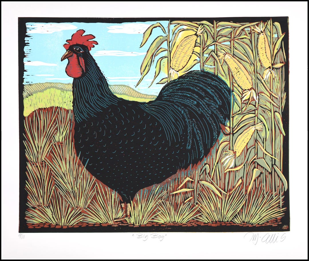 Linocut, Black Rooster in Cornfield, Handprinted and Signed, Mariann ...