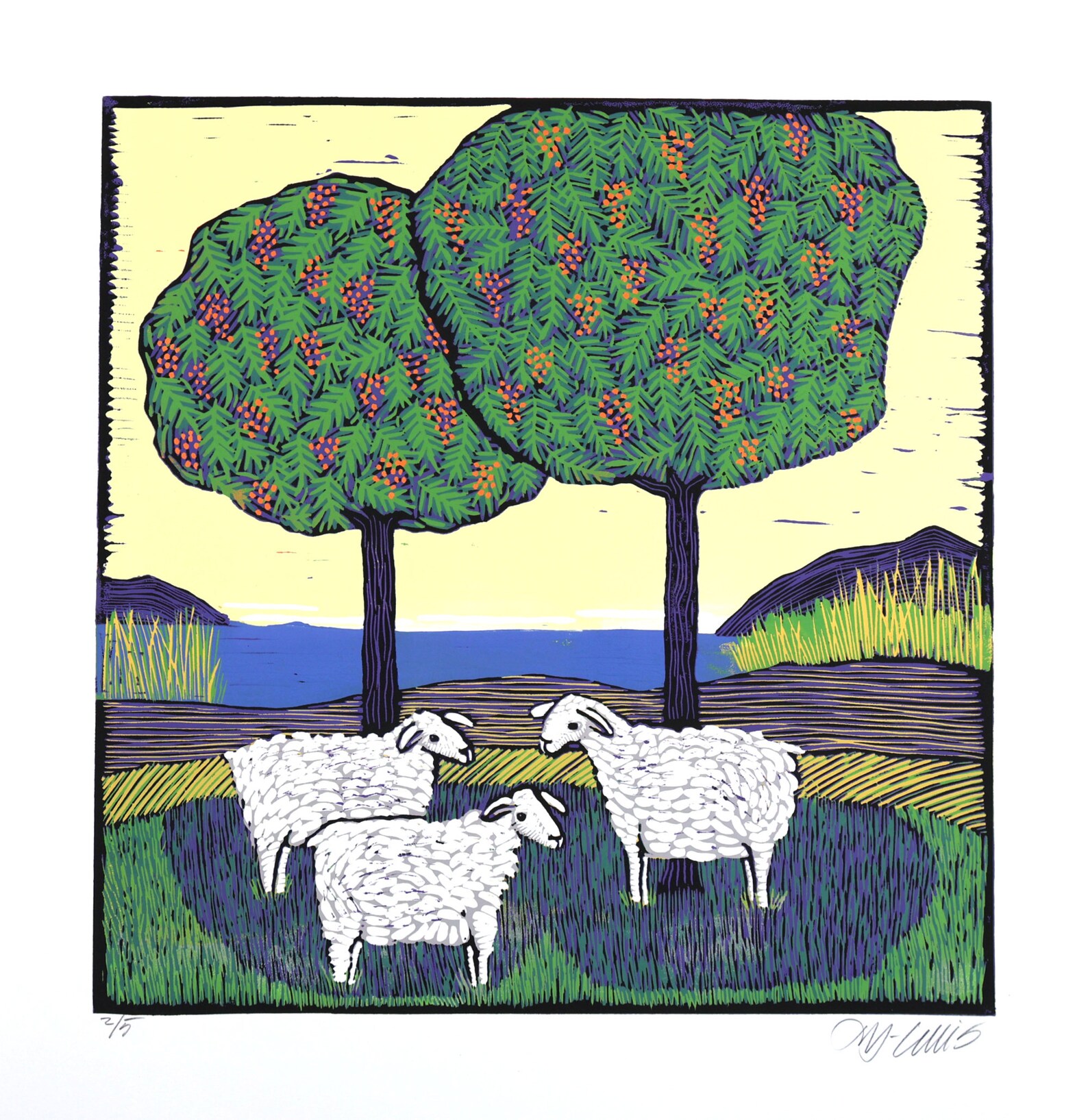 Sheep Linocut Print: Golden Sky, Rowan Trees, Signed Art - Etsy