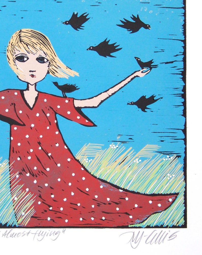 Linocut Almost Flying Girl Birds Handprinted Signed | Etsy