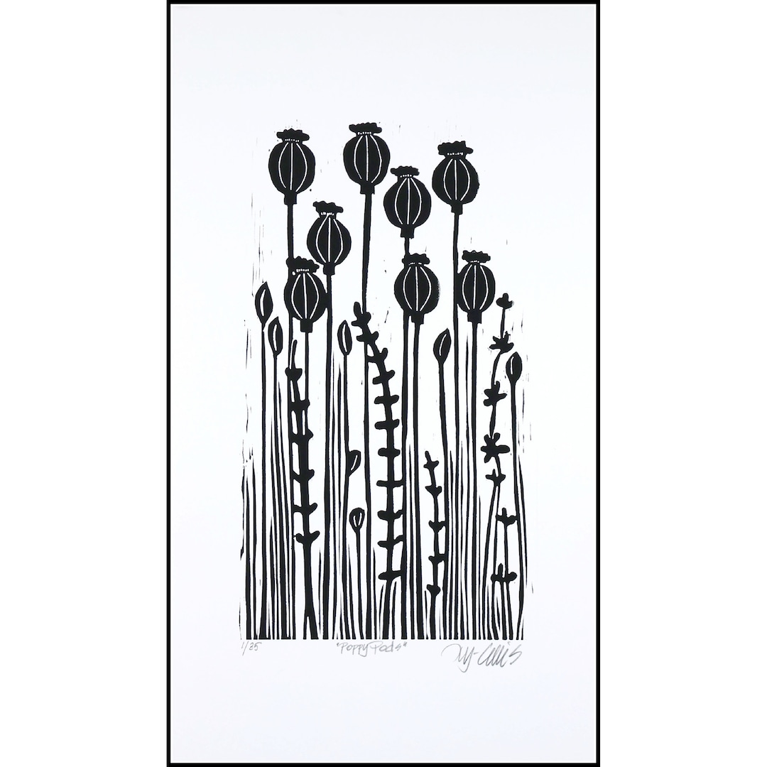 Linocut, Poppy Pods, Handprinted, Signed, Mariann Johansen-ellis, Black ...