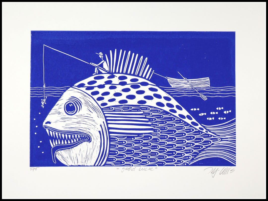 Linocut, Good Luck, Blue and White, Handprinted, Signed, Mariann ...