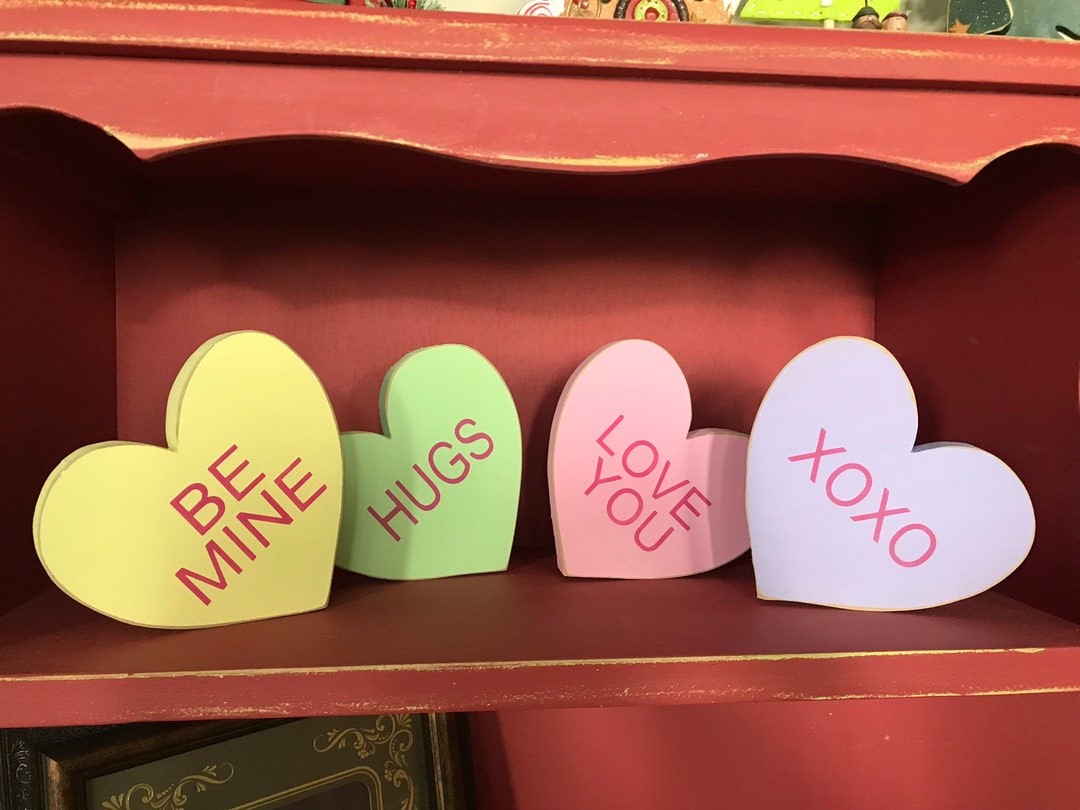 Set of 4 Valentine's Wood Conversation Hearts, February 14, Love You ...