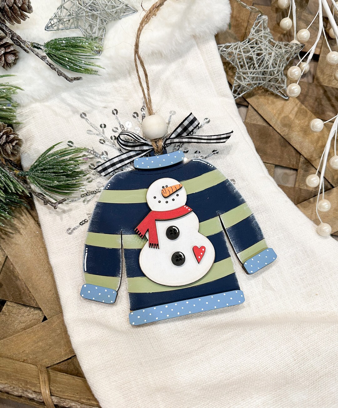 Blue and Green Stripe Snowman Ugly Christmas Sweater Ornament - Etsy
