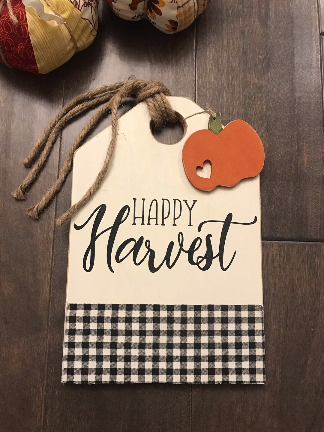 Happy Harvest Fall Farmhouse Tag | Buffalo Plaid | Wood Signs ...