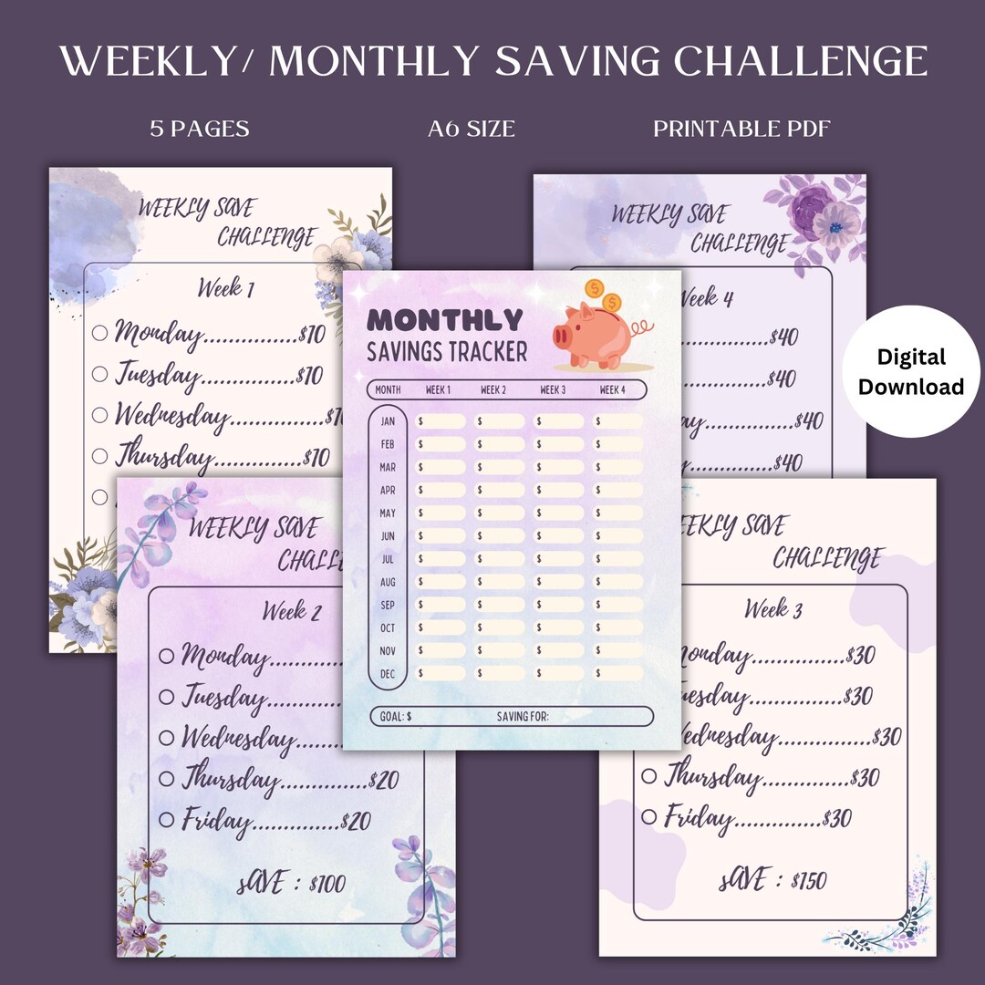 Weekly Challenge Cards for Saving Money | Monthly Savings Tracker Sheet ...