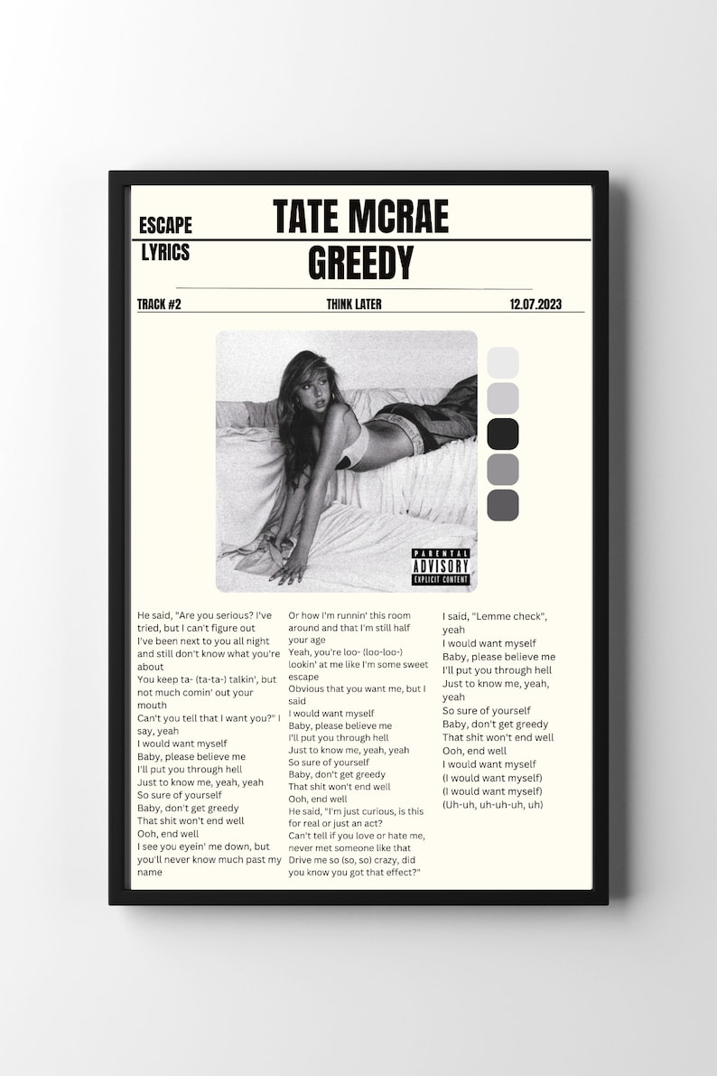 Tate Mcrae Greedy Lyrics Poster, Music Wall Art (digital Download) - Etsy
