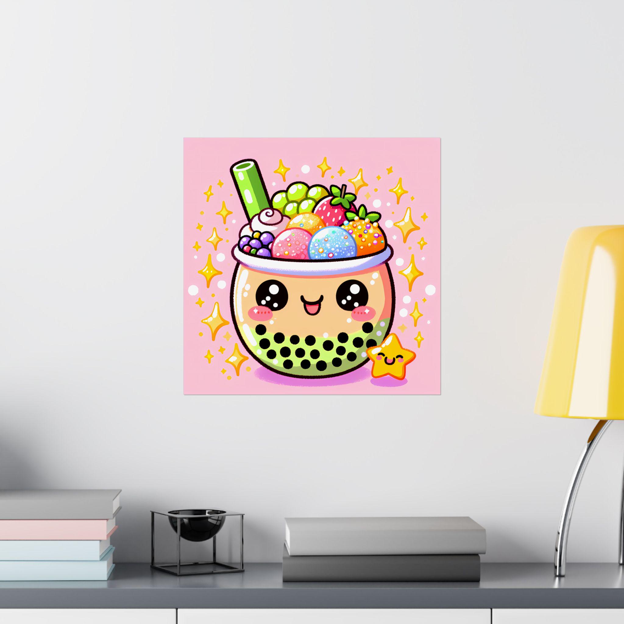 Kawaii Bubble Tea Wall Art, Cute Boba With Rainbow Fruits Poster ...