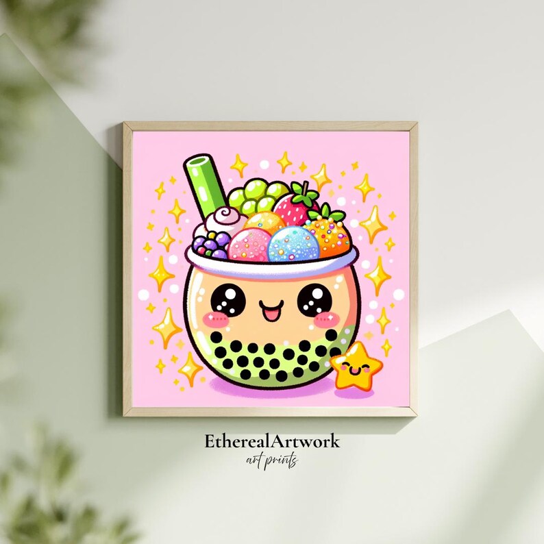 Kawaii Bubble Tea Wall Art, Cute Boba With Rainbow Fruits Poster ...