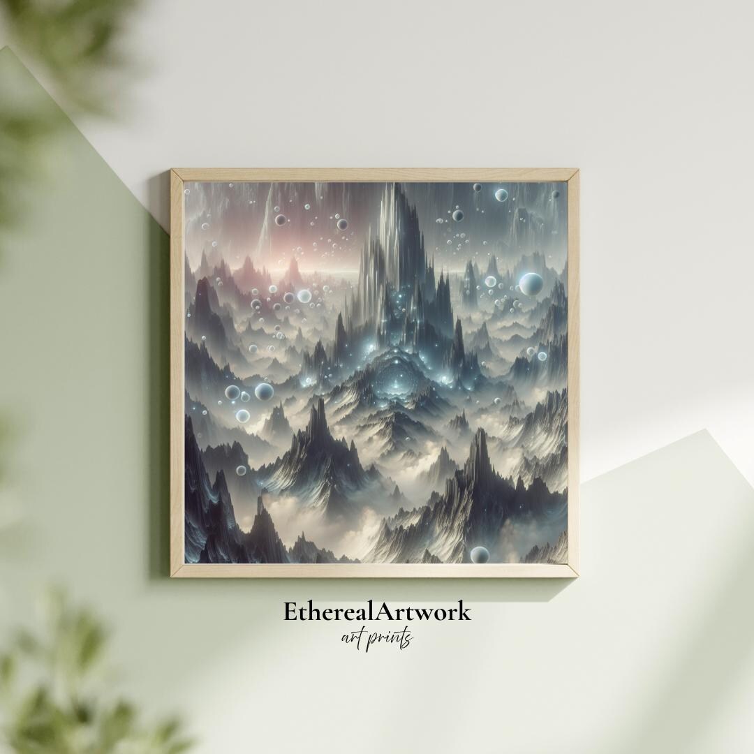 Surreal Sci-fi Citadel Wall Art, Floating Orbs & Misty Peaks Poster ...