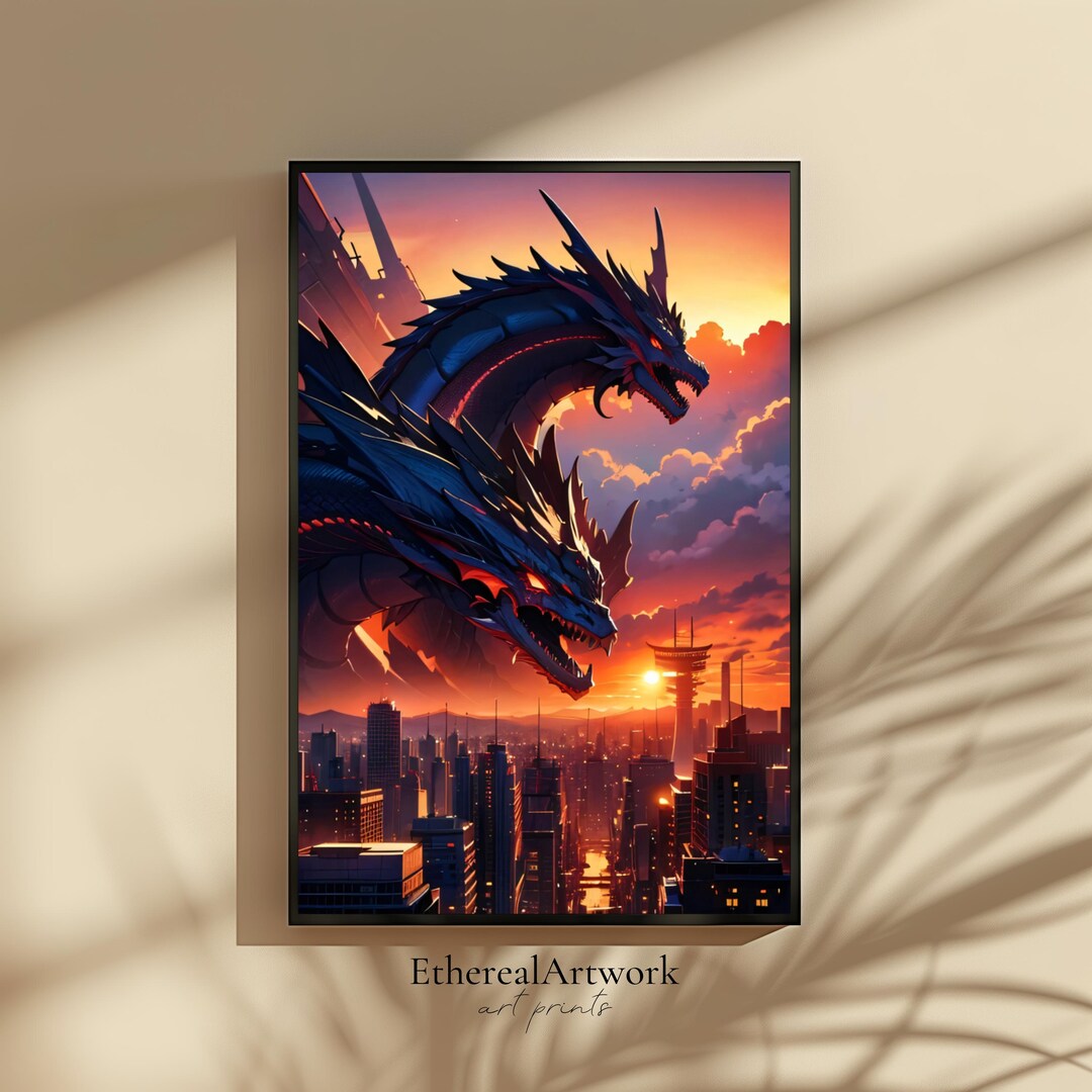 Epic Dragon Over City at Sunset, Futuristic Fantasy Art, Urban Wall ...